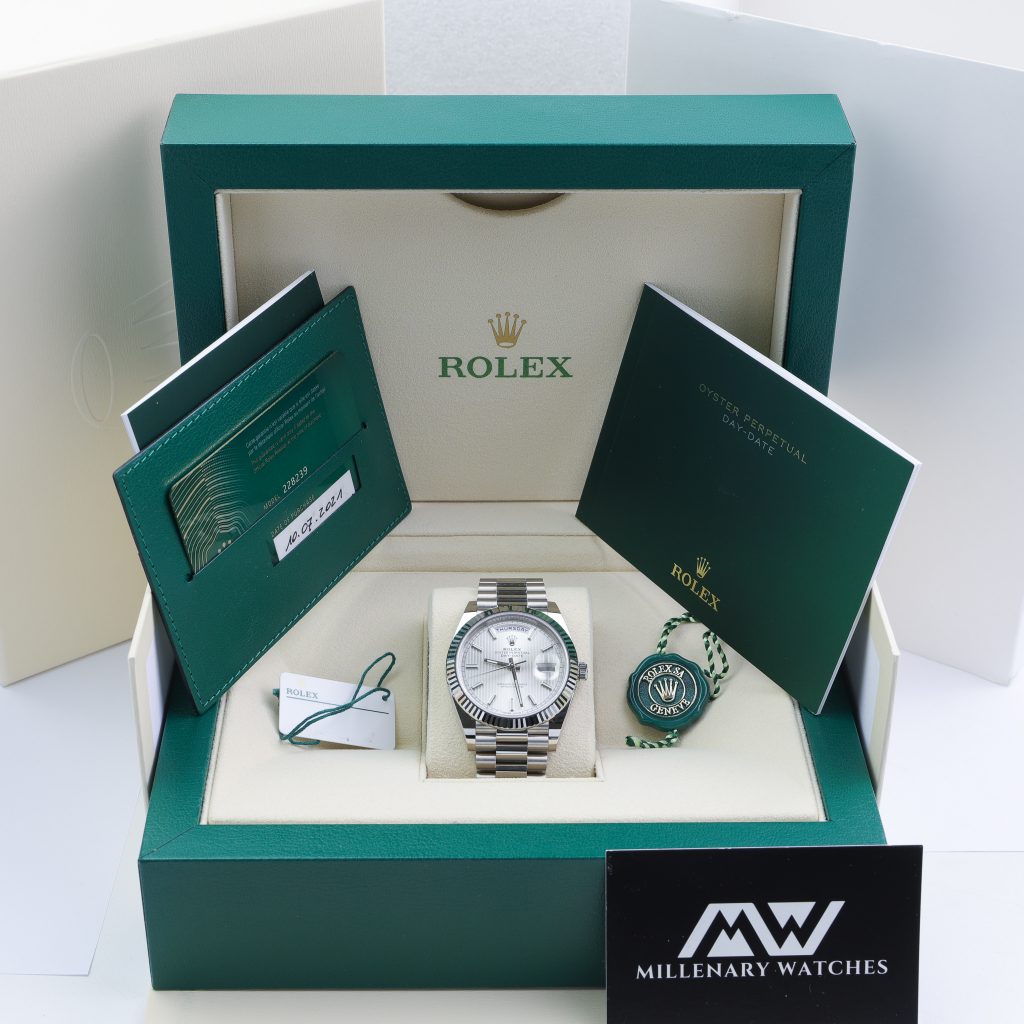Rolex Day Date 40 Whitegold Silver Stripe Motif Dial 228239 Unworn 2021 ...