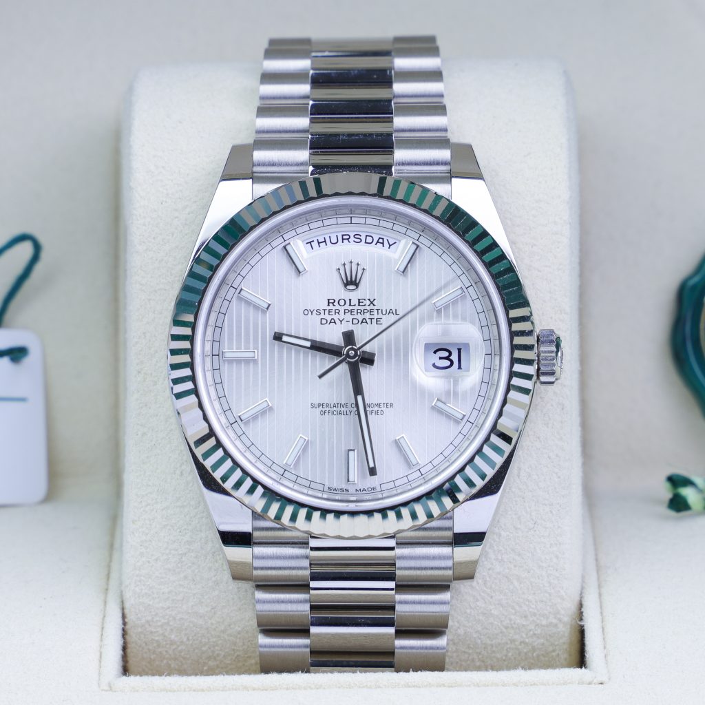 Rolex Day Date 40 Whitegold Silver Stripe Motif Dial 228239 Unworn 2021 ...