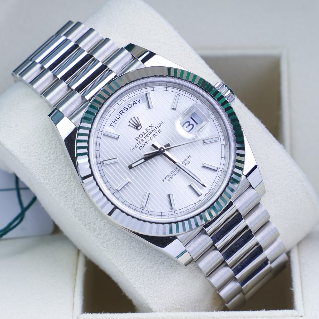 Rolex Day Date 40 Whitegold Silver Stripe Motif Dial 228239 Unworn 2021 ...